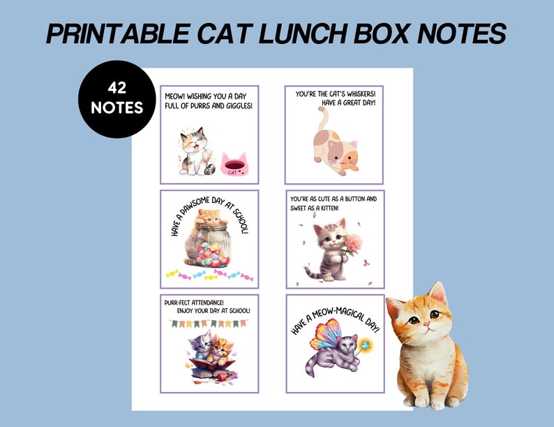 Cat Lunch Box Notes Printable for Kids Back to School - Etsy Australia