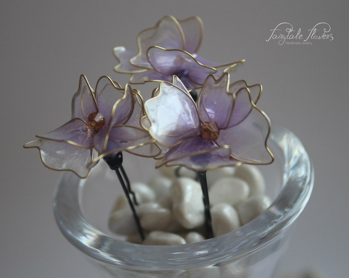 Tender Purple Violets Flowers Hair Pins set of 3 , Floral Pins ...