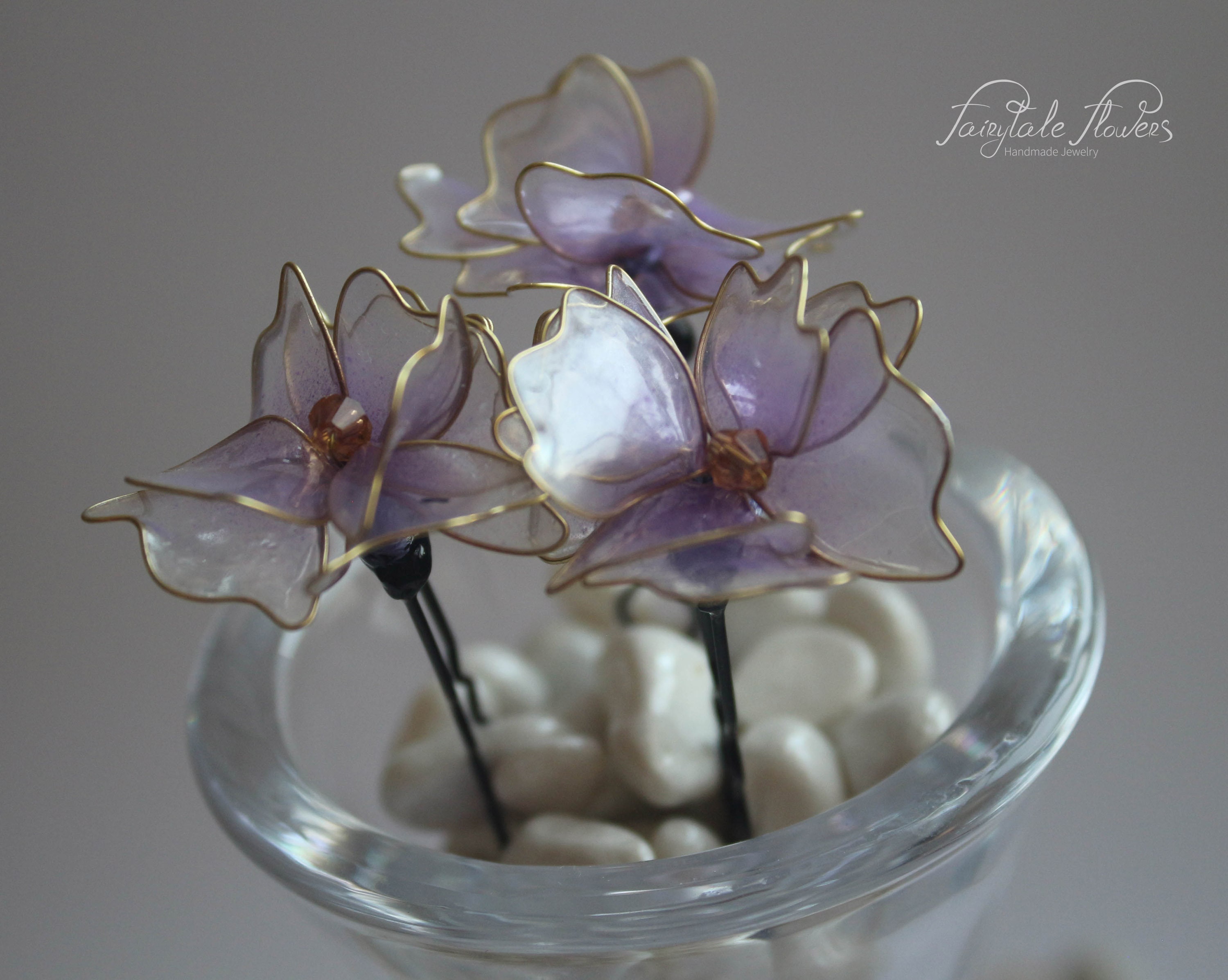 Tender Purple Violets Flowers Hair Pins set of 3 , Floral Pins ...