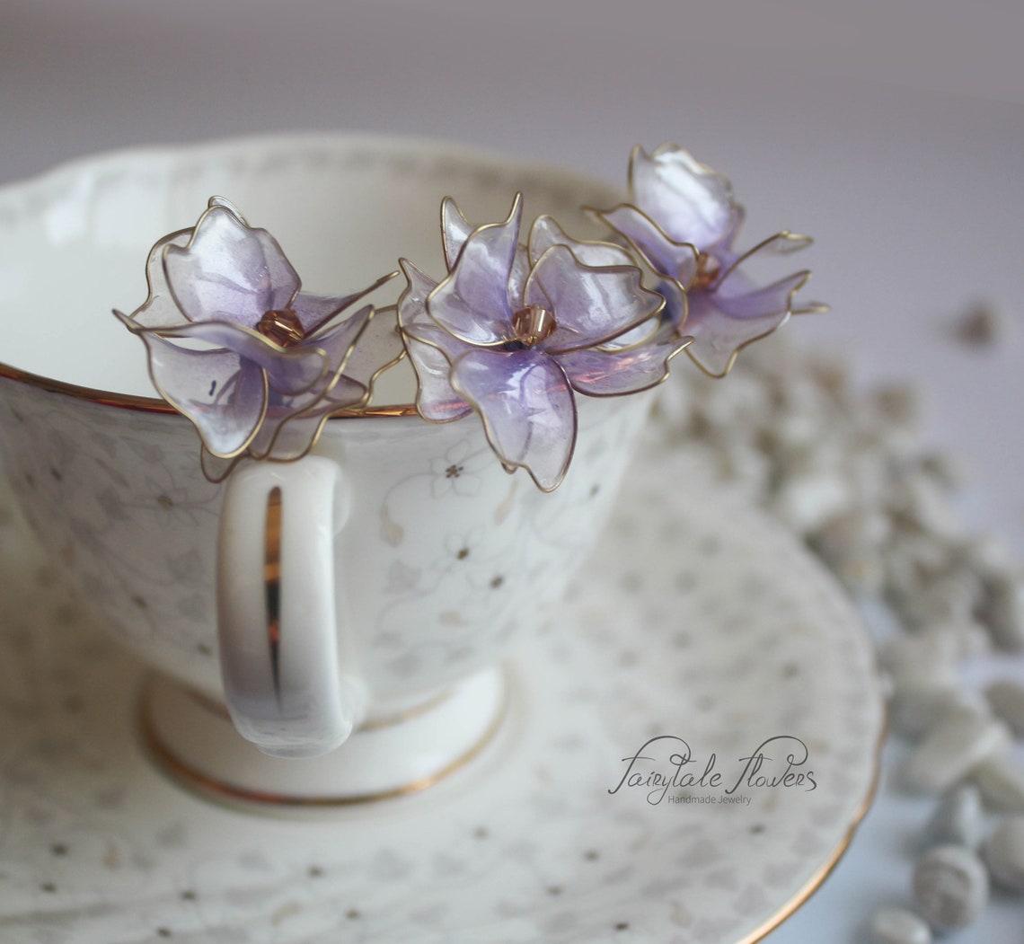 Tender Purple Violets Flowers Hair Pins set of 3 , Floral Pins ...