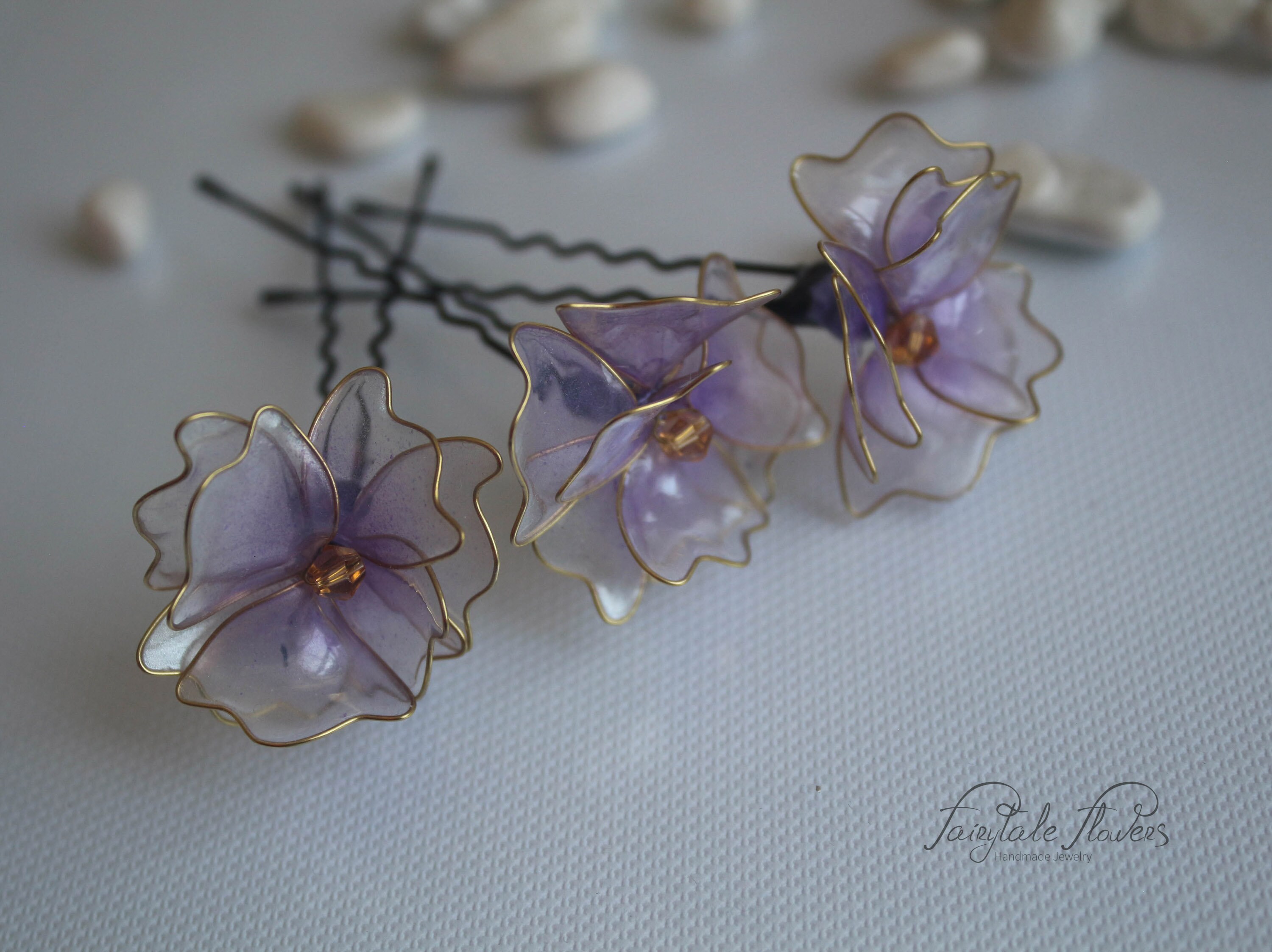 Tender Purple Violets Flowers Hair Pins set of 3 , Floral Pins ...