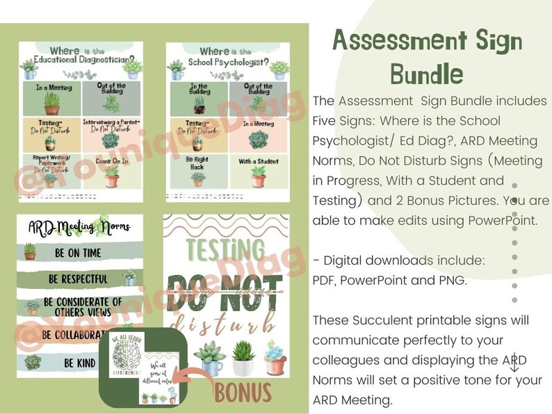 Assessment Sign Bundle in Succulent Theme for Diags and Lssps where the ...