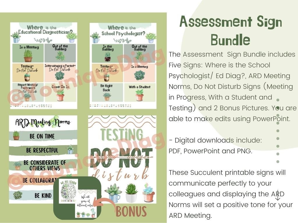 Assessment Sign Bundle in Succulent Theme for Diags and Lssps (where ...