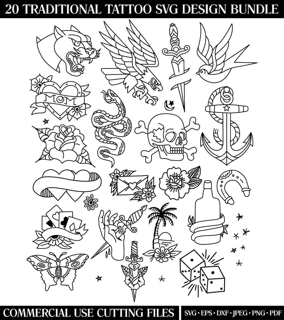 20 Traditional Tattoo SVG Bundle - SVG Bundle for Cricut - Tattoo Art ...