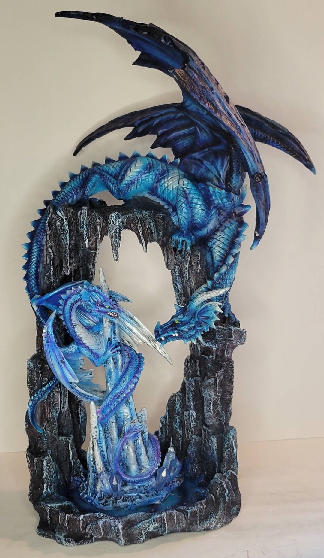 Mom and Baby Blue Dragons With Crystals in A Cave Large Statue Figurine ...