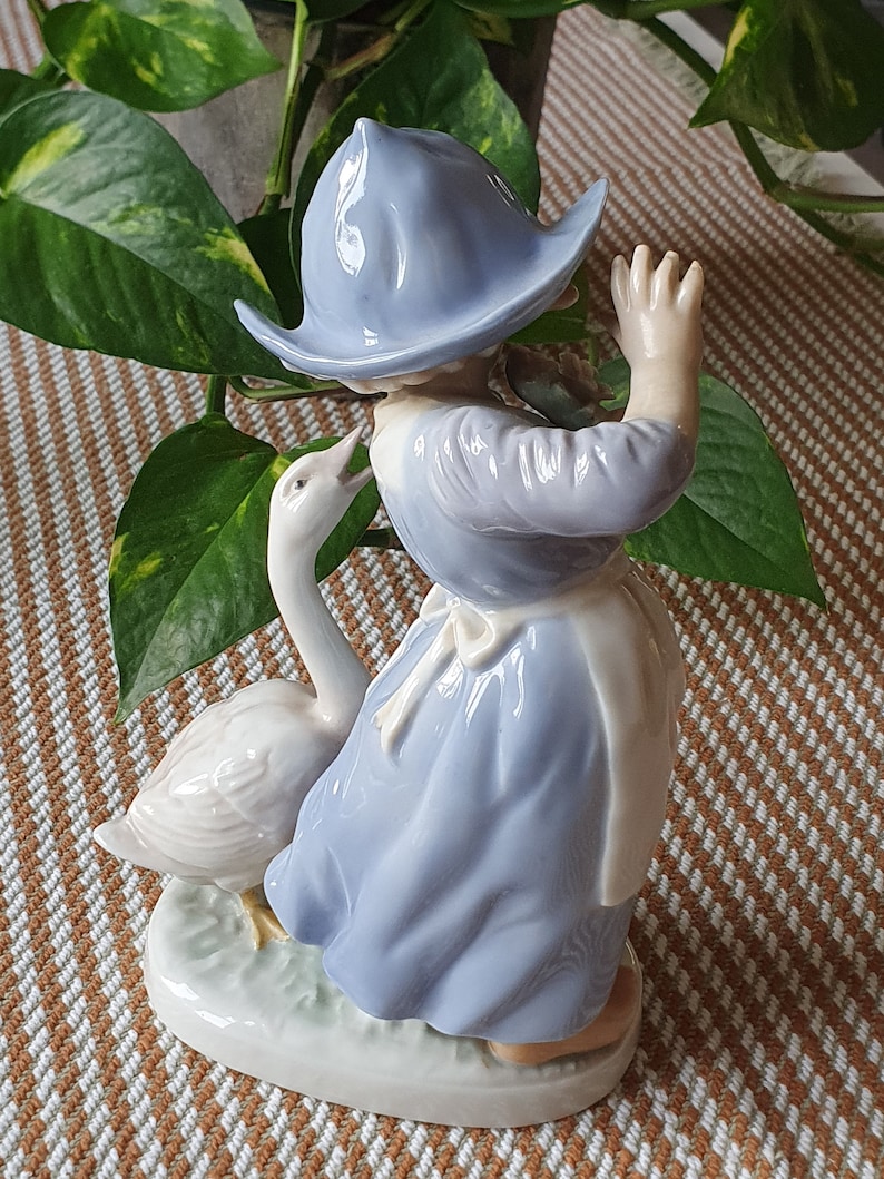 Beautiful Porcelain Figurine Girl With Flowers and Goose Blue and White ...