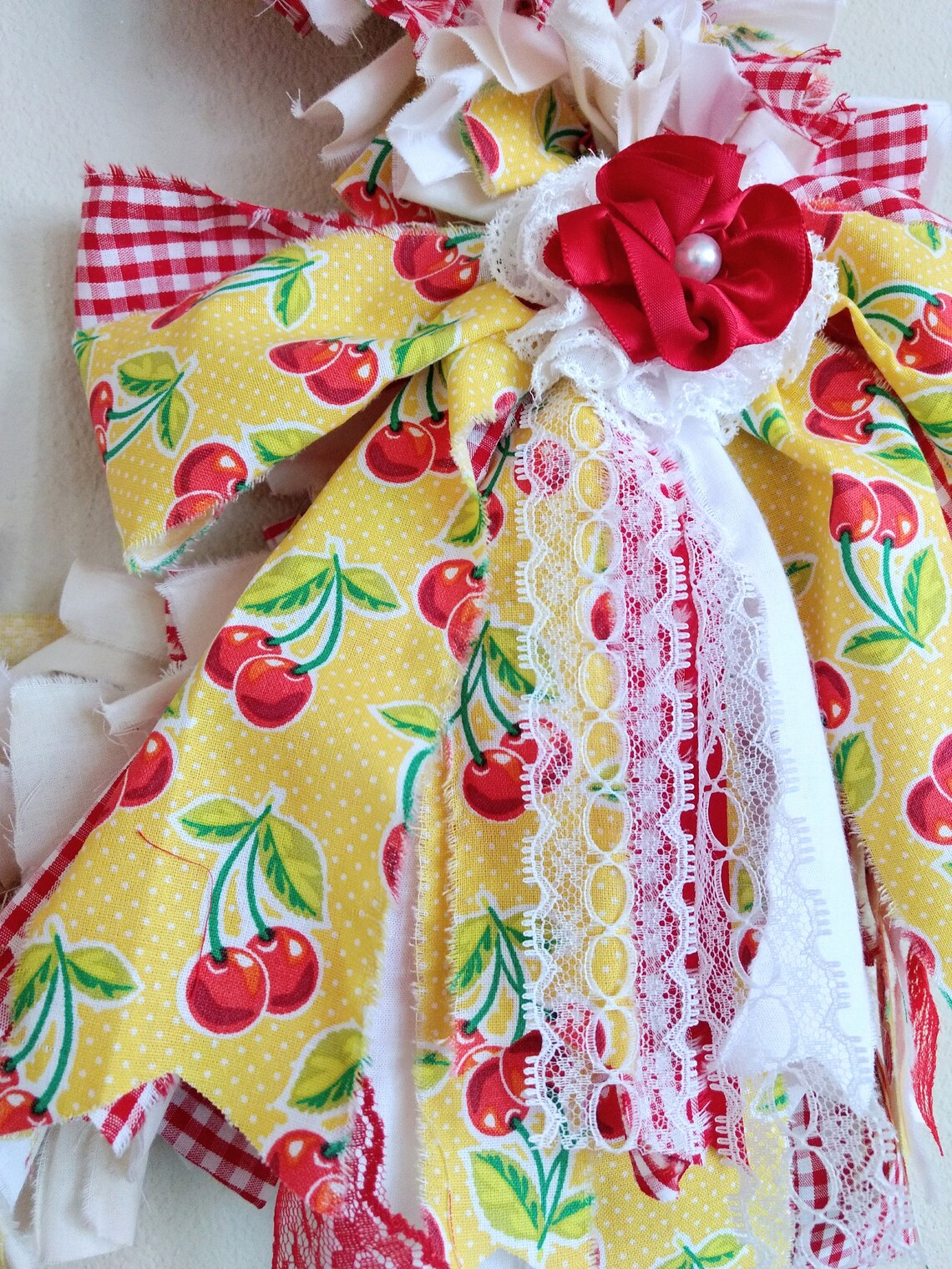 Retro Rag Wreath, Summer Fun, Cherries, Red and White Gingham Wreath ...