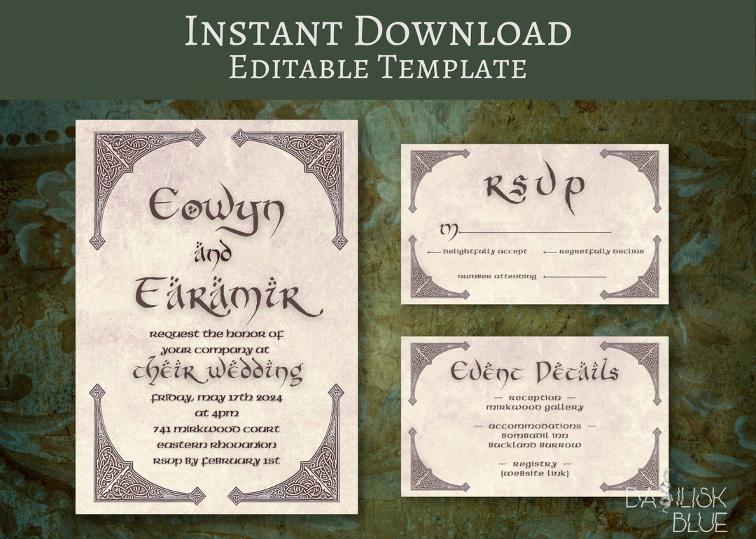 Editable Lotr Inspired Wedding Invitation Template - Elven Wedding ...