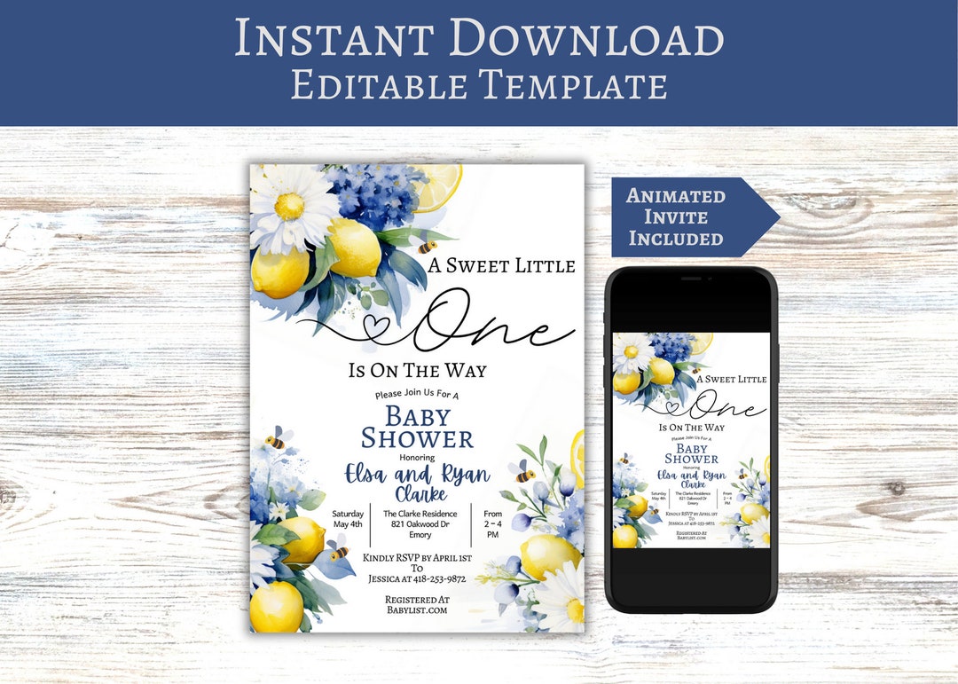Summer Baby Shower Invitation Template Lemons and Bees Blue Flowers ...