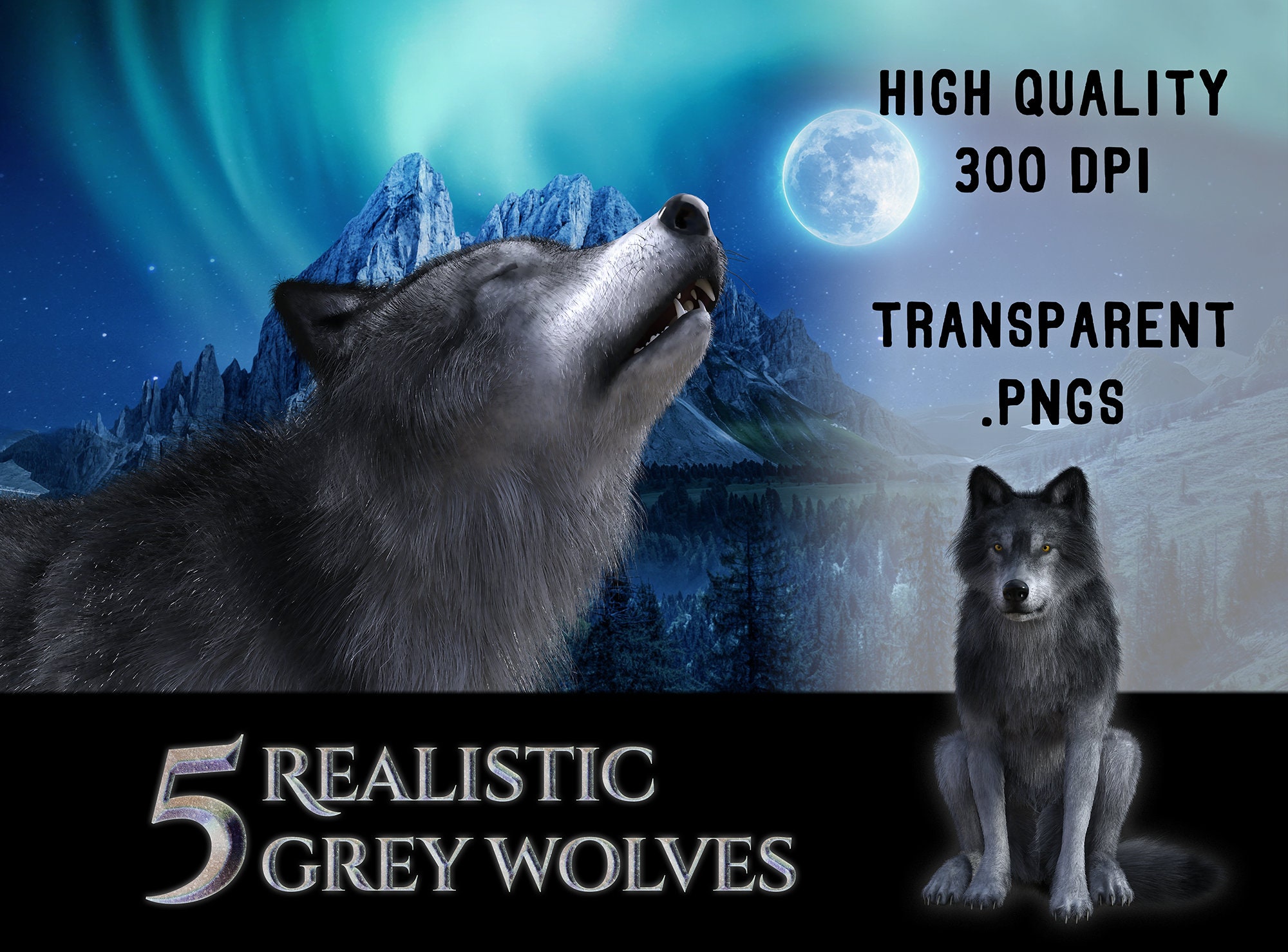 5 Realistic Wolves Clip Art / Photoshop Overlays / Digital Graphics ...