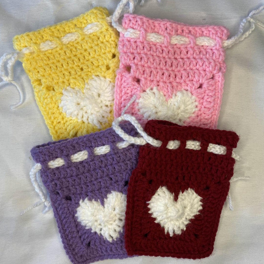 Heart Drawstring Pouch, Valentine's Day Gift Bag, Crocheted Drawstring ...
