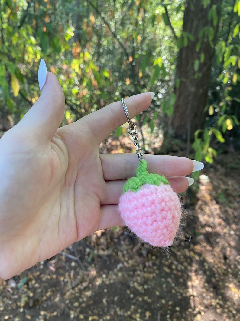 Crocheted Pink Strawberry Keychain: Handmade Amigurumi Charm - Etsy
