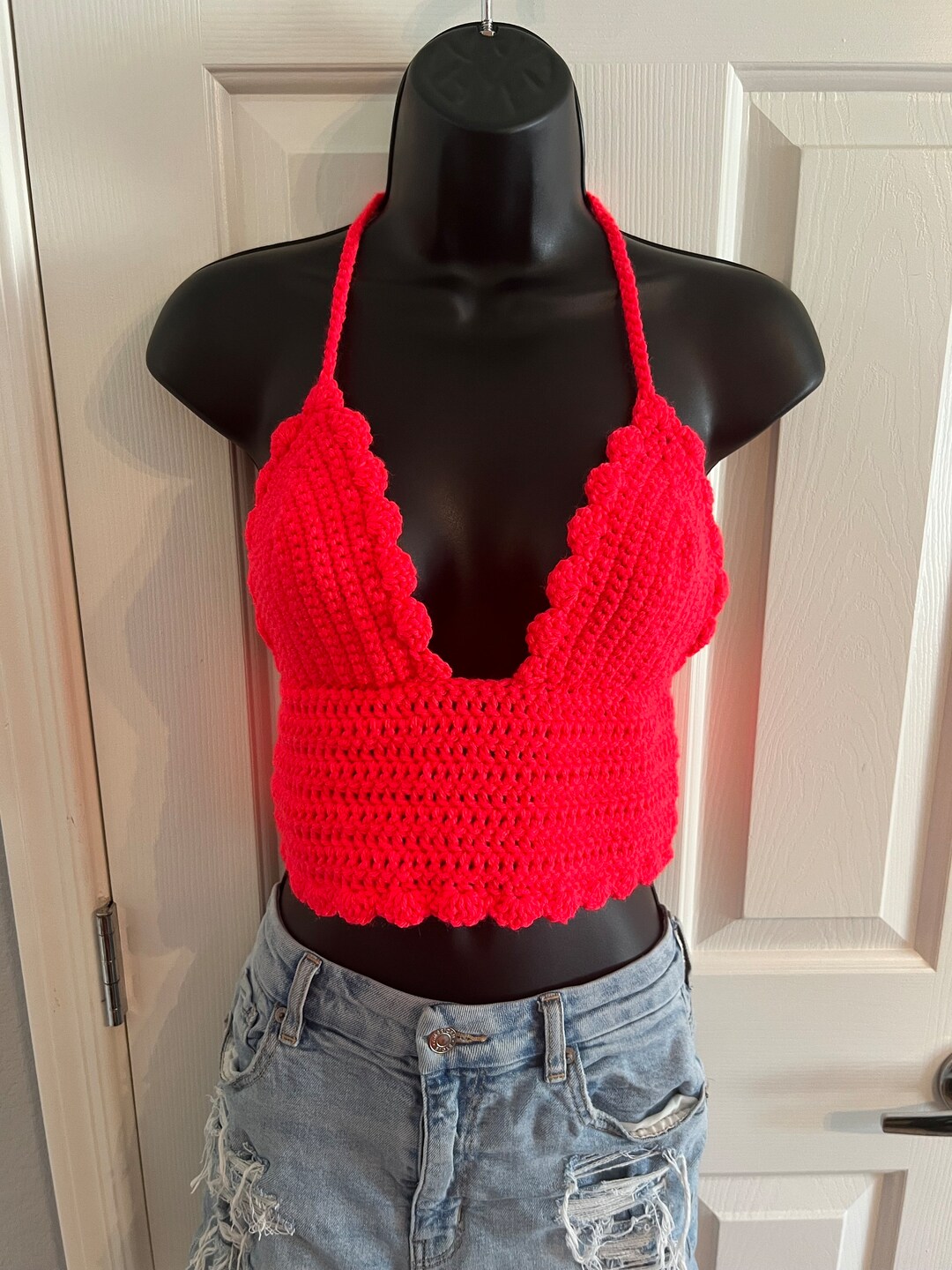 Hot Bright Fire Pink Halter Crochet Crop Top | Crocheted Festival ...