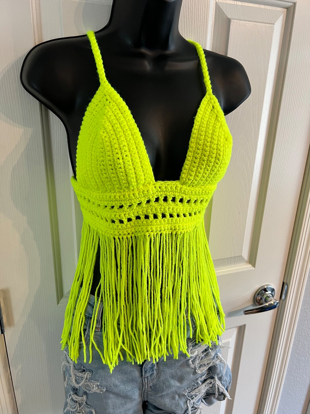 Neon Vivid Safety Highlighter Yellow Glow Fringe Crochet Top | EDM Rave ...