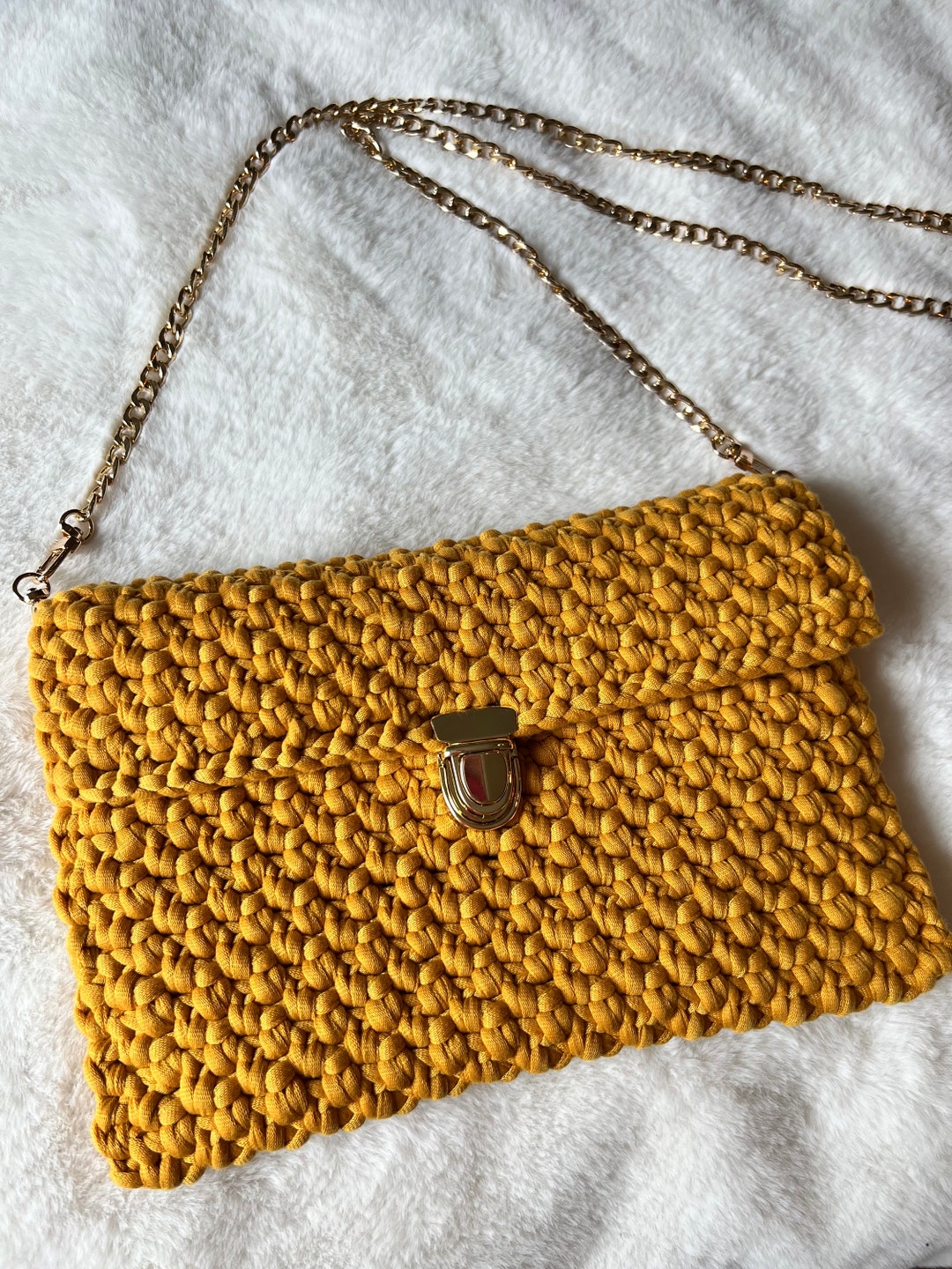 Crochet, Mustard Yellow, Rich Gold Purse With Long Gold, Metal Chain ...