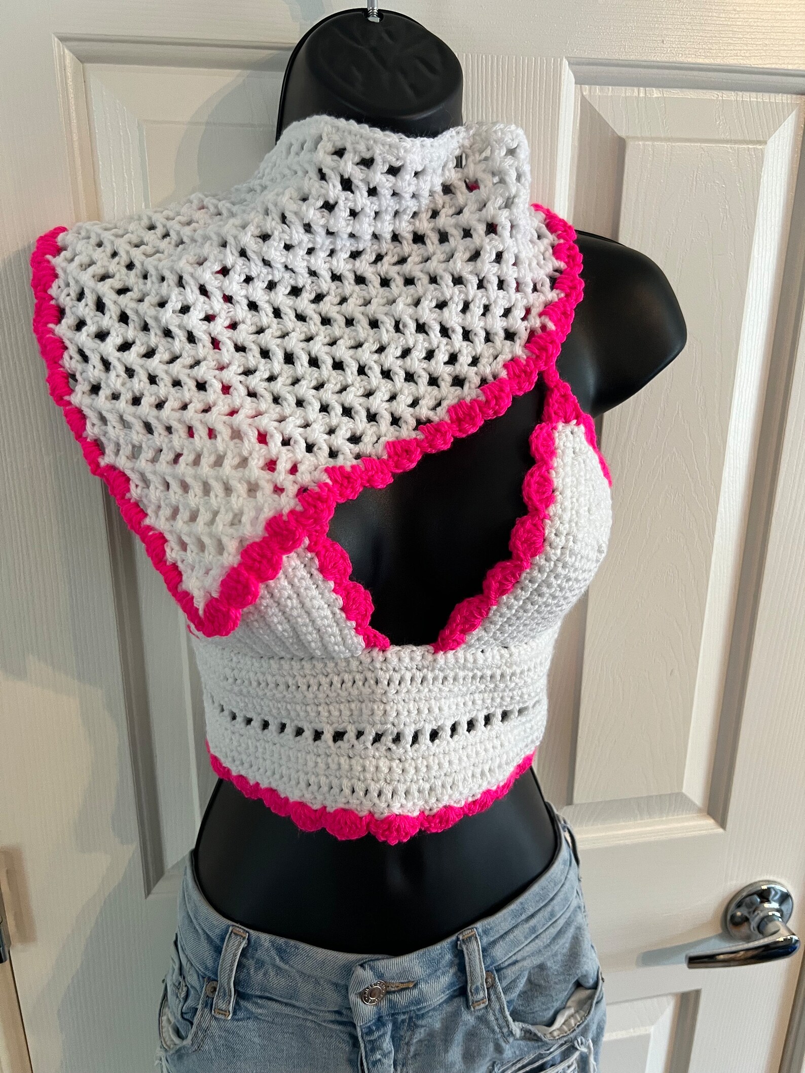 Hot Bright Neon Pink and Bright White Peekaboo Crochet Crop Top W ...