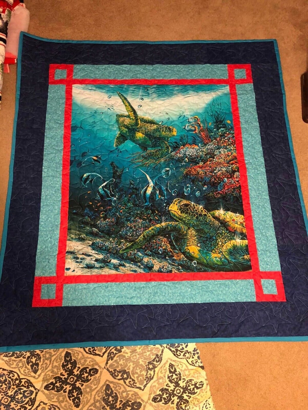 Ocean Scene Sea Turtle Lap Daybed Size Handmade Quilt 65 X 60 Inches ...