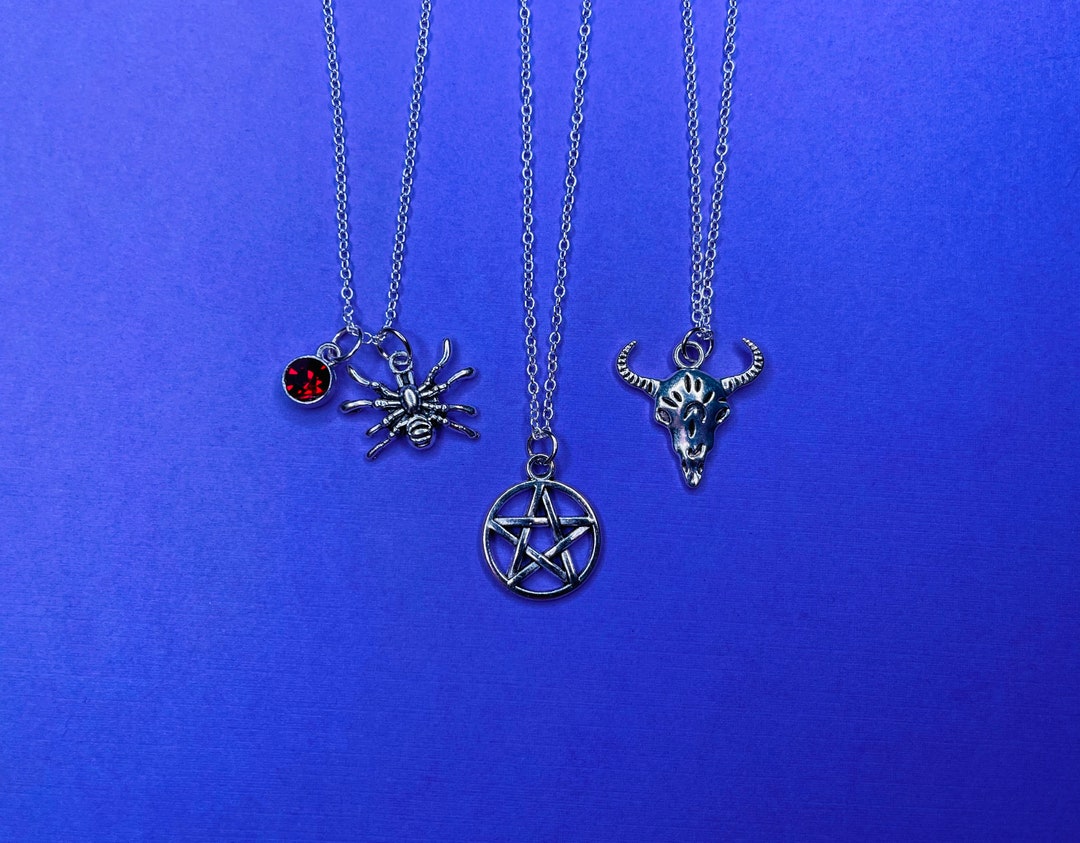 Charm Necklace- Spider, Red, Pentagram, Skull, Gift, Silver, 20 Inch - Etsy