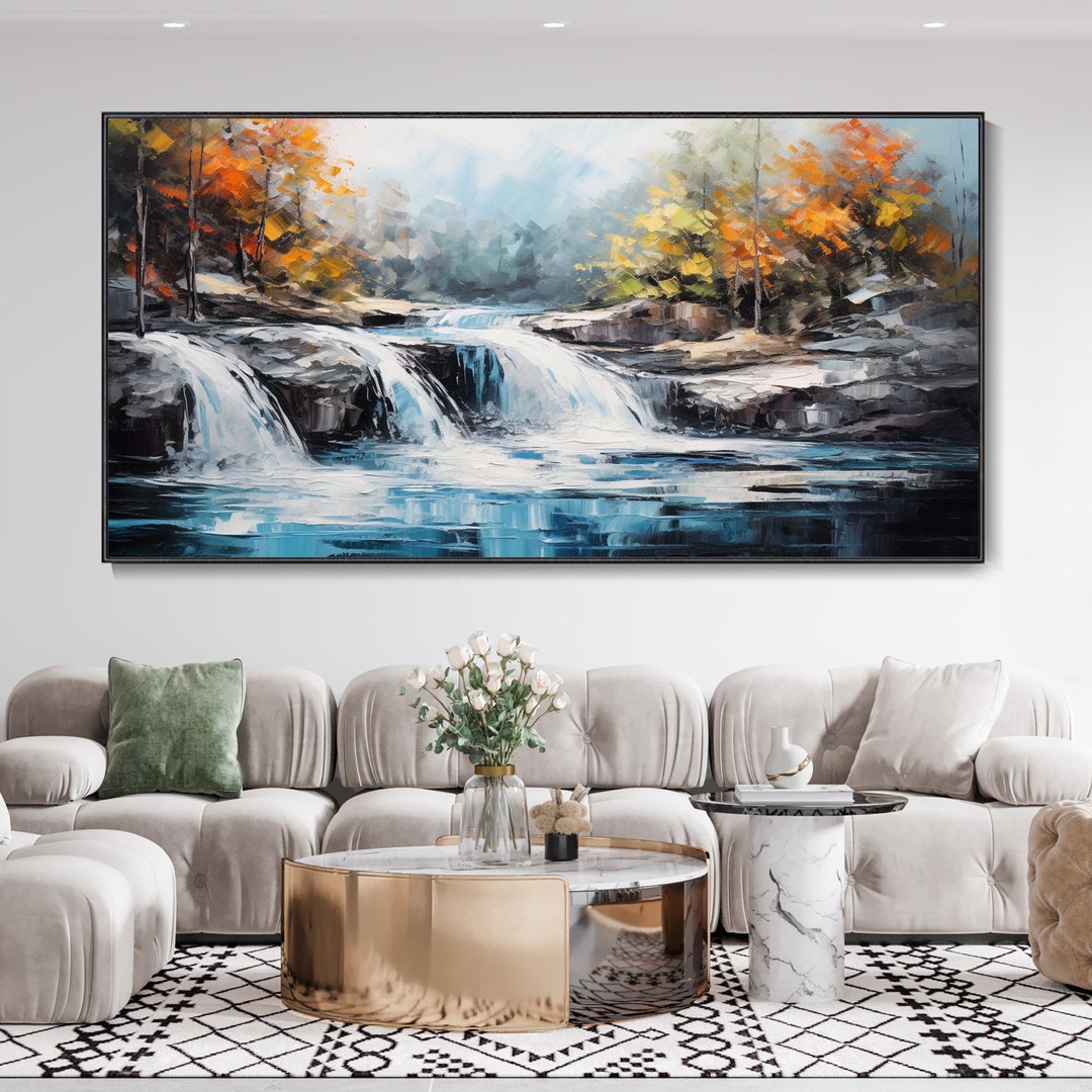 Blue Waterfall Landscape Canvas Oil Painting Orange Leaves - Etsy