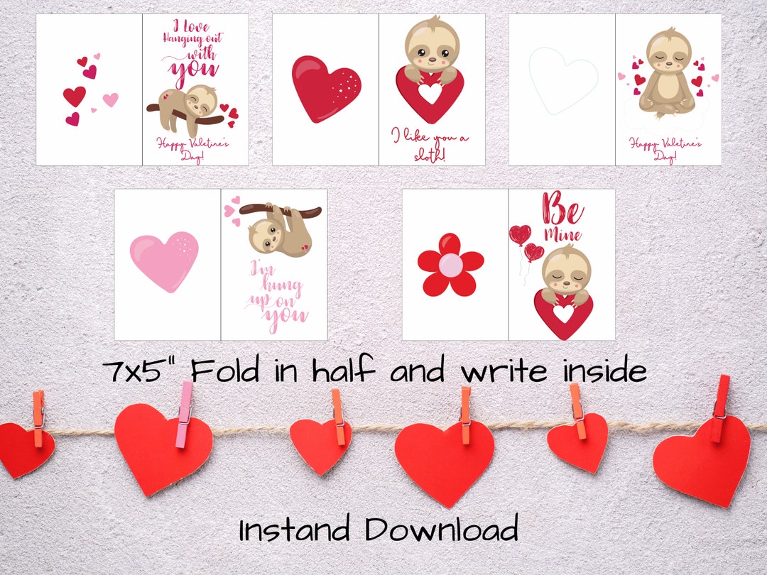 Sloth Valentines Day Cards for Kids, Kids Valentine Cards, Sloth ...