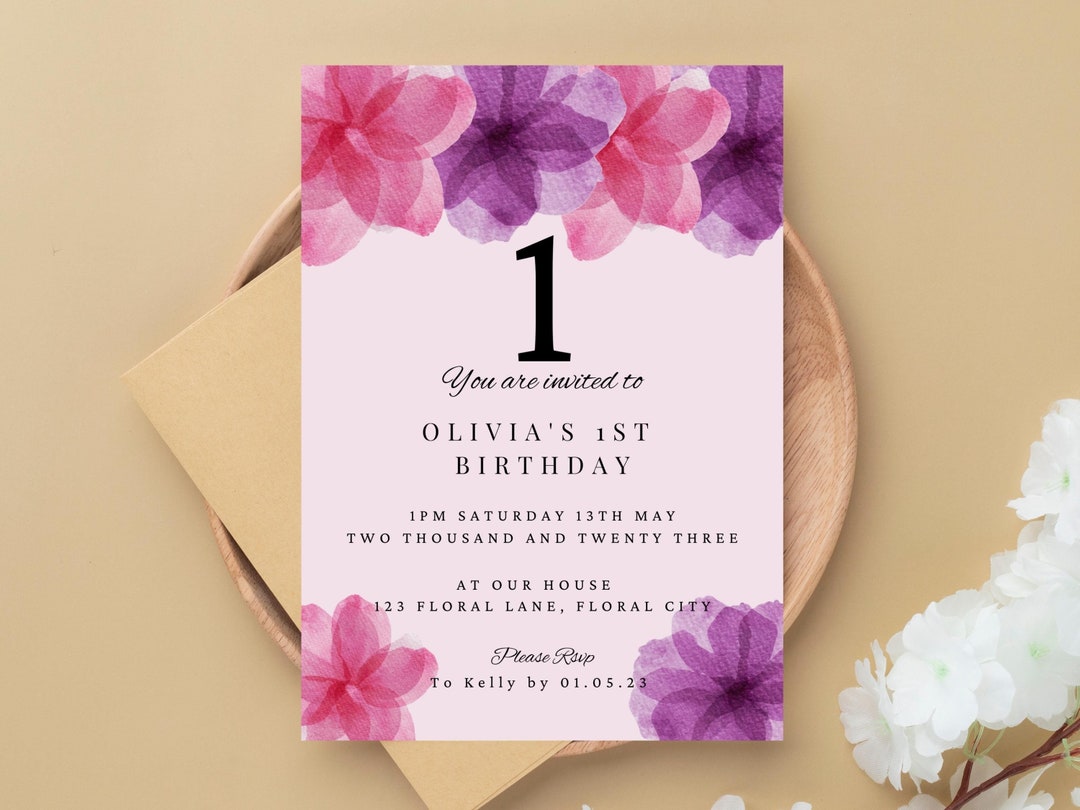 Girl 1st Birthday | First Birthday Invitation Girl | Floral Birthday ...