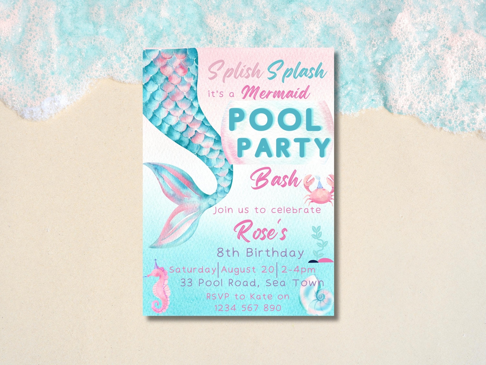 Mermaid Under the Sea Pool Party Invitation, Girl Birthday Invite ...