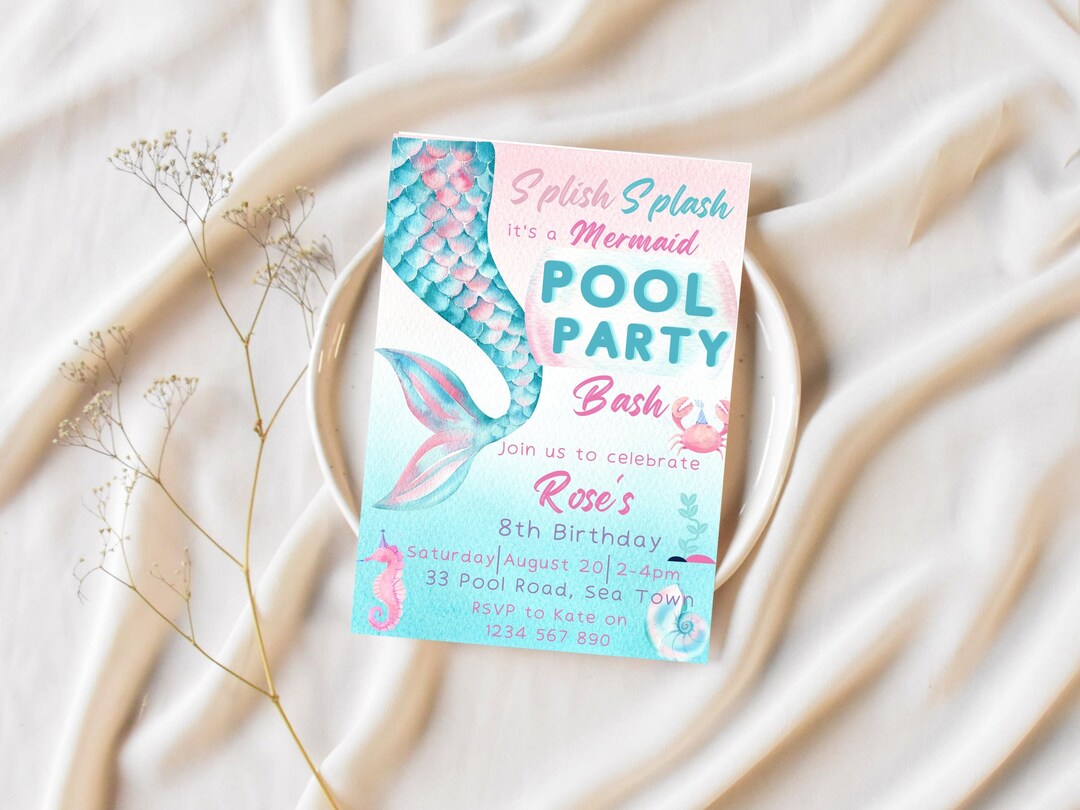 Mermaid Under the Sea Pool Party Invitation, Girl Birthday Invite ...