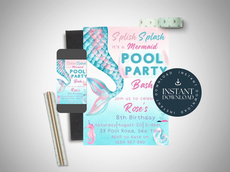 Mermaid Under the Sea Pool Party Invitation, Girl Birthday Invite ...