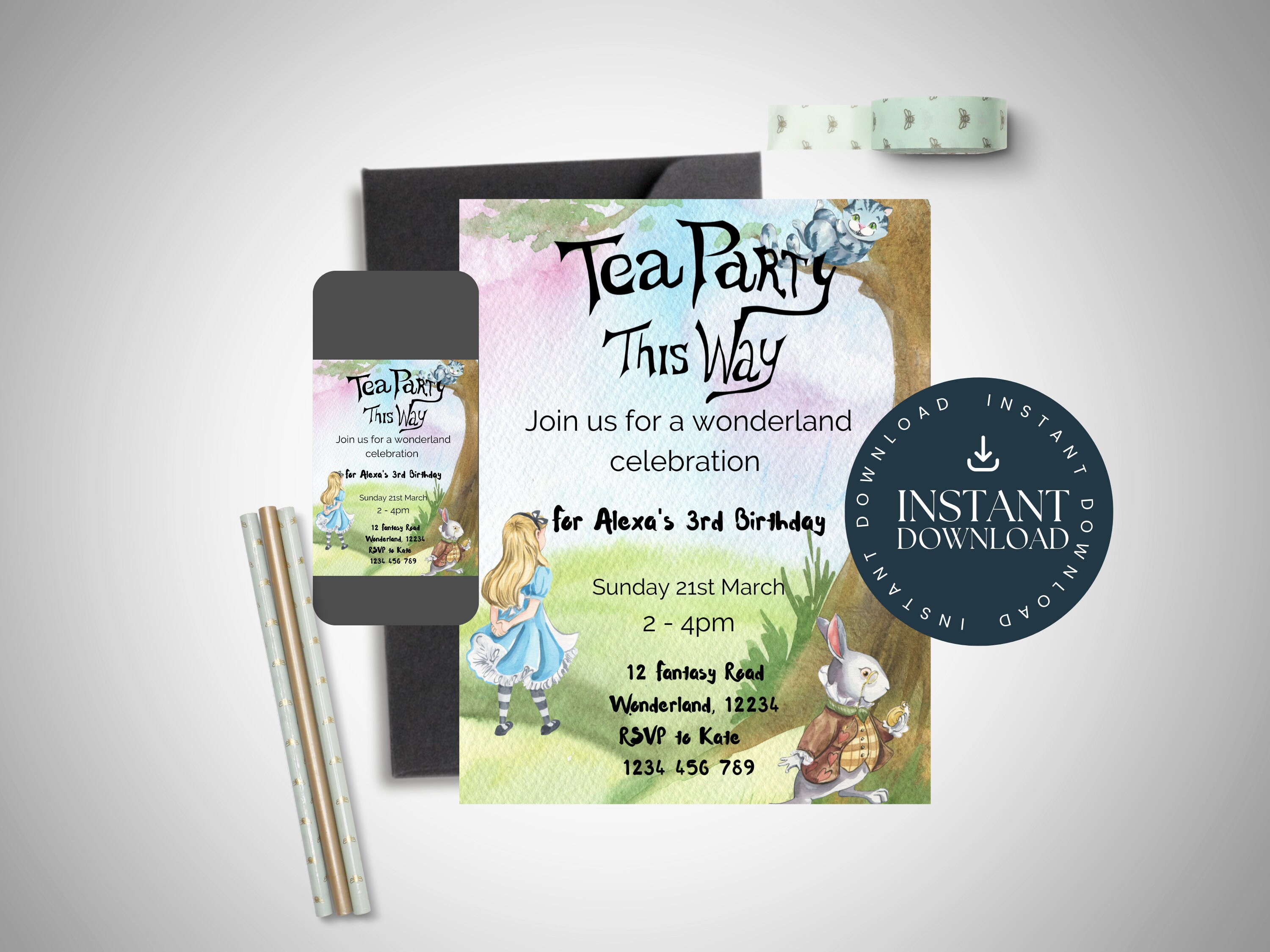 Alice in Wonderland Invitation Template, Alice Tea Party 3rd Birthday ...