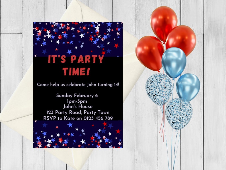 Confetti Party Invitation, It's Party Time, Red, Blue and Black ...