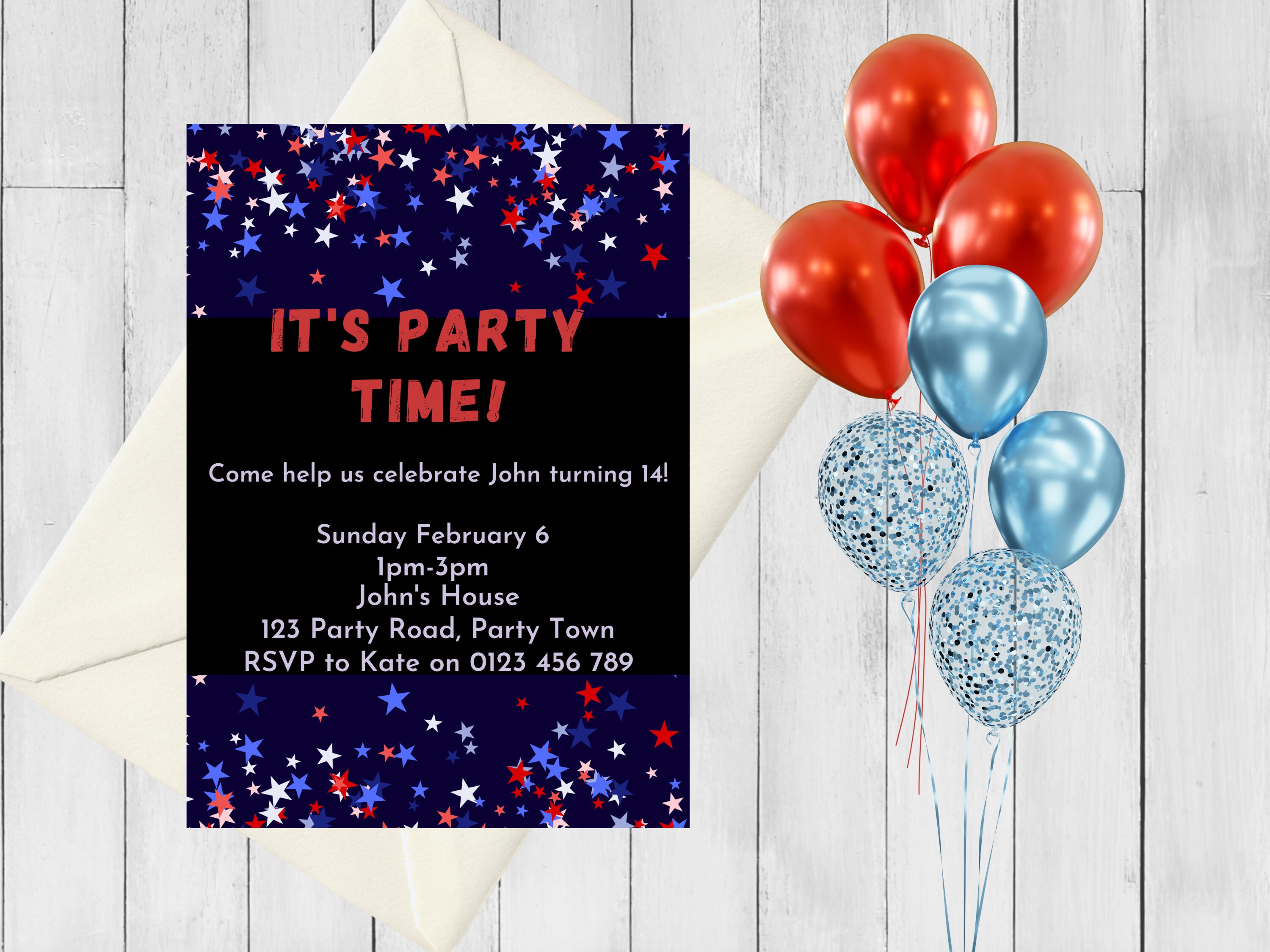 Confetti Party Invitation, It's Party Time, Red, Blue and Black ...