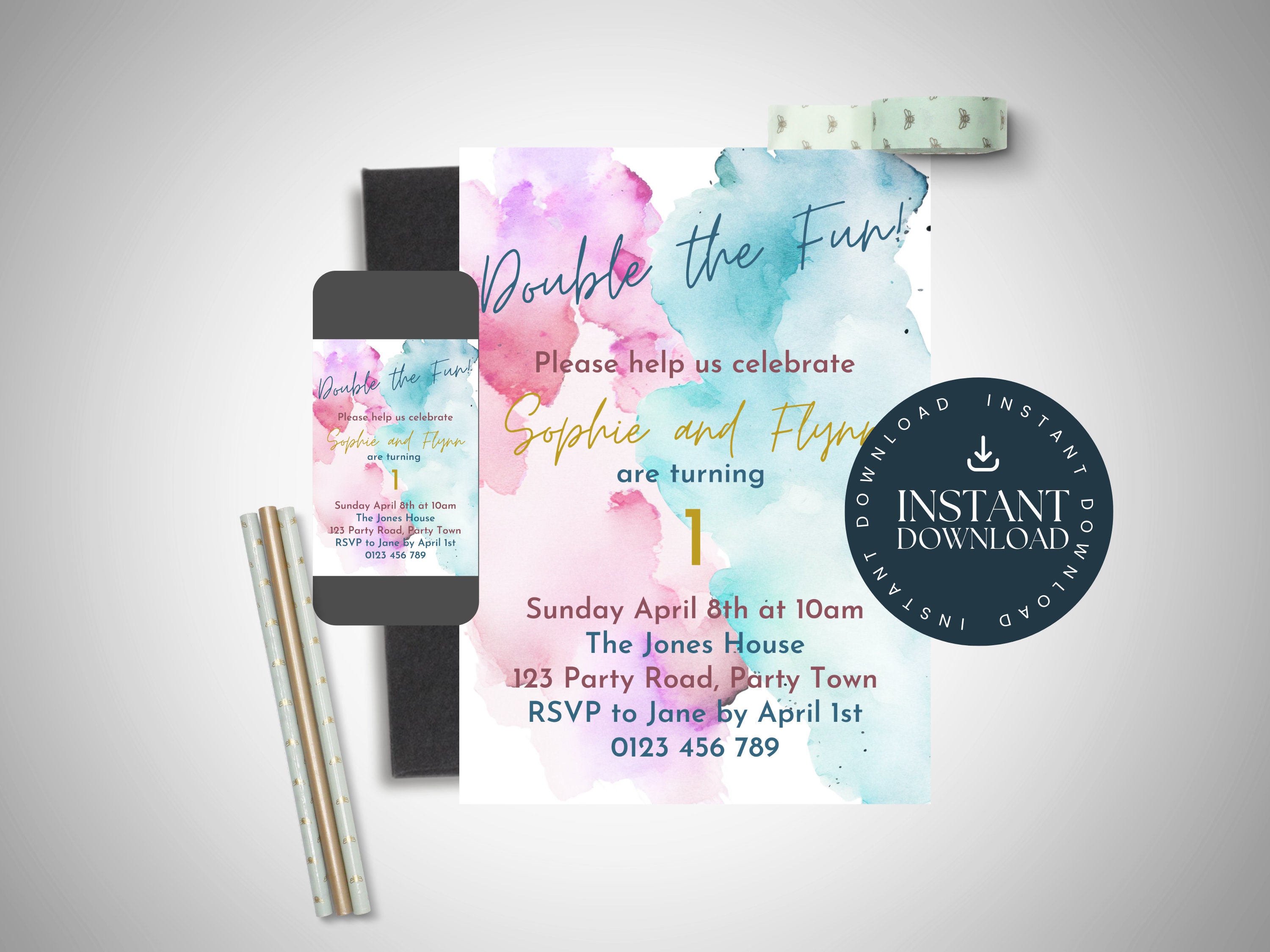 Twin Invitation, Double the Fun Digital Invitation, Twin Birthday ...