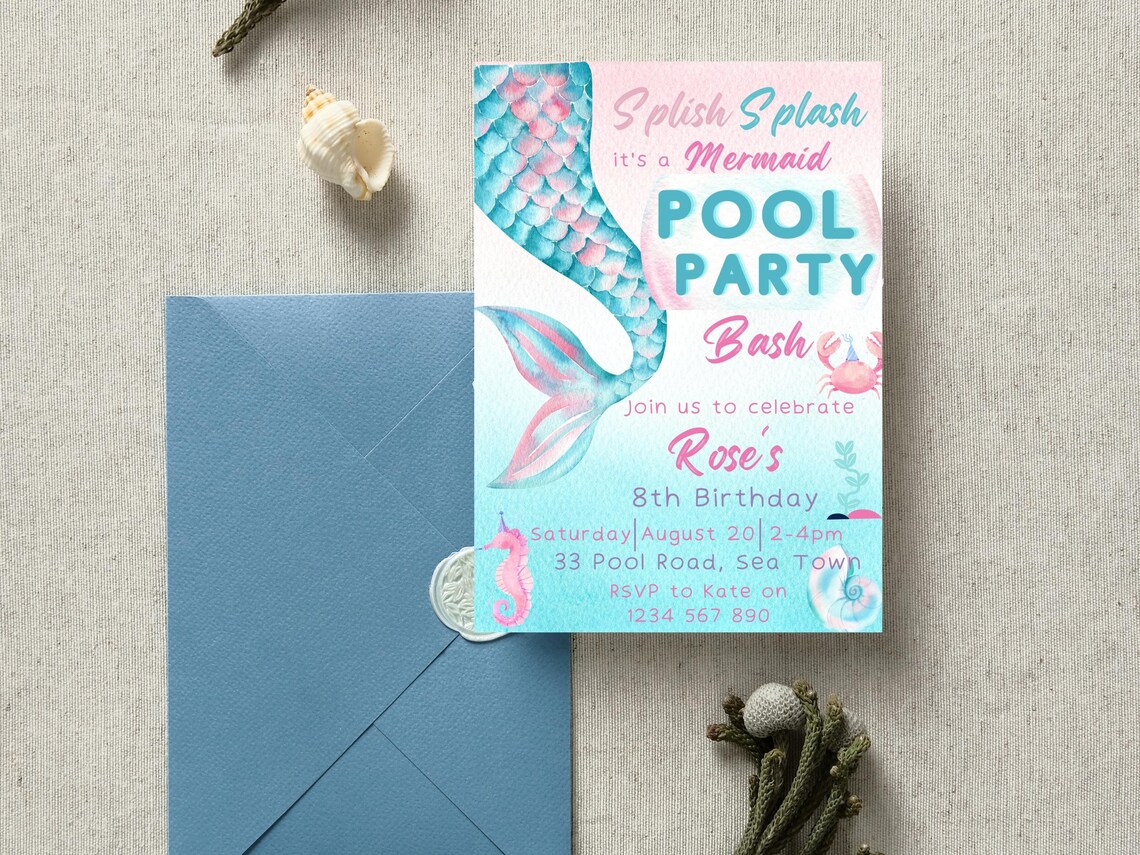 Mermaid Under the Sea Pool Party Invitation, Girl Birthday Invite ...