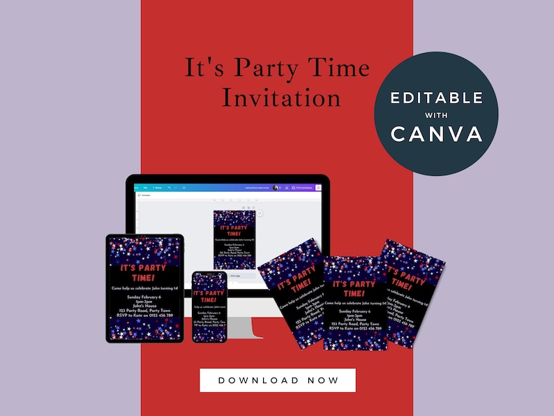 Confetti Party Invitation, It's Party Time, Red, Blue and Black ...