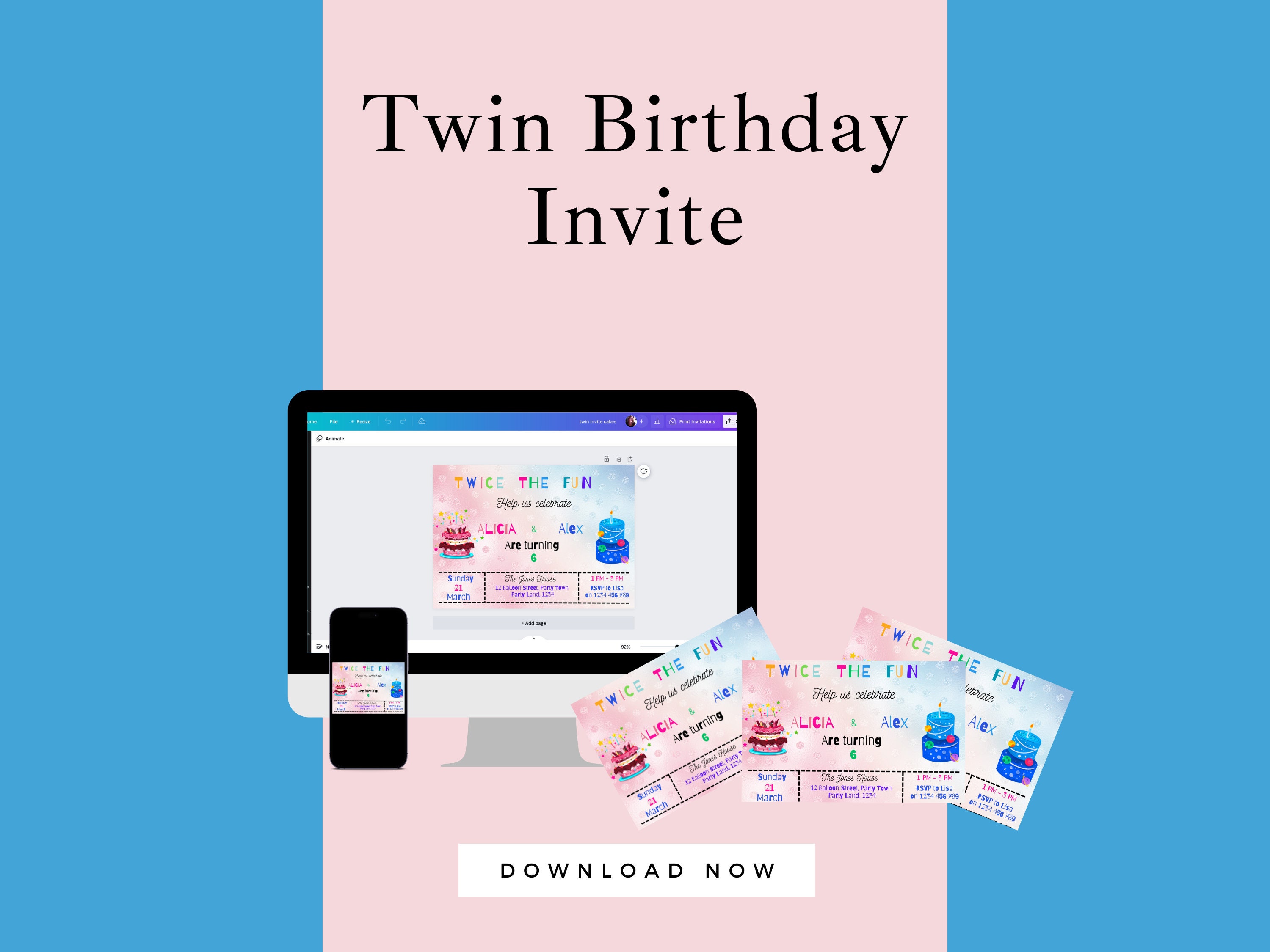 Editable Twin Invitation, Digital Invitation, Twin Birthday Invitation ...