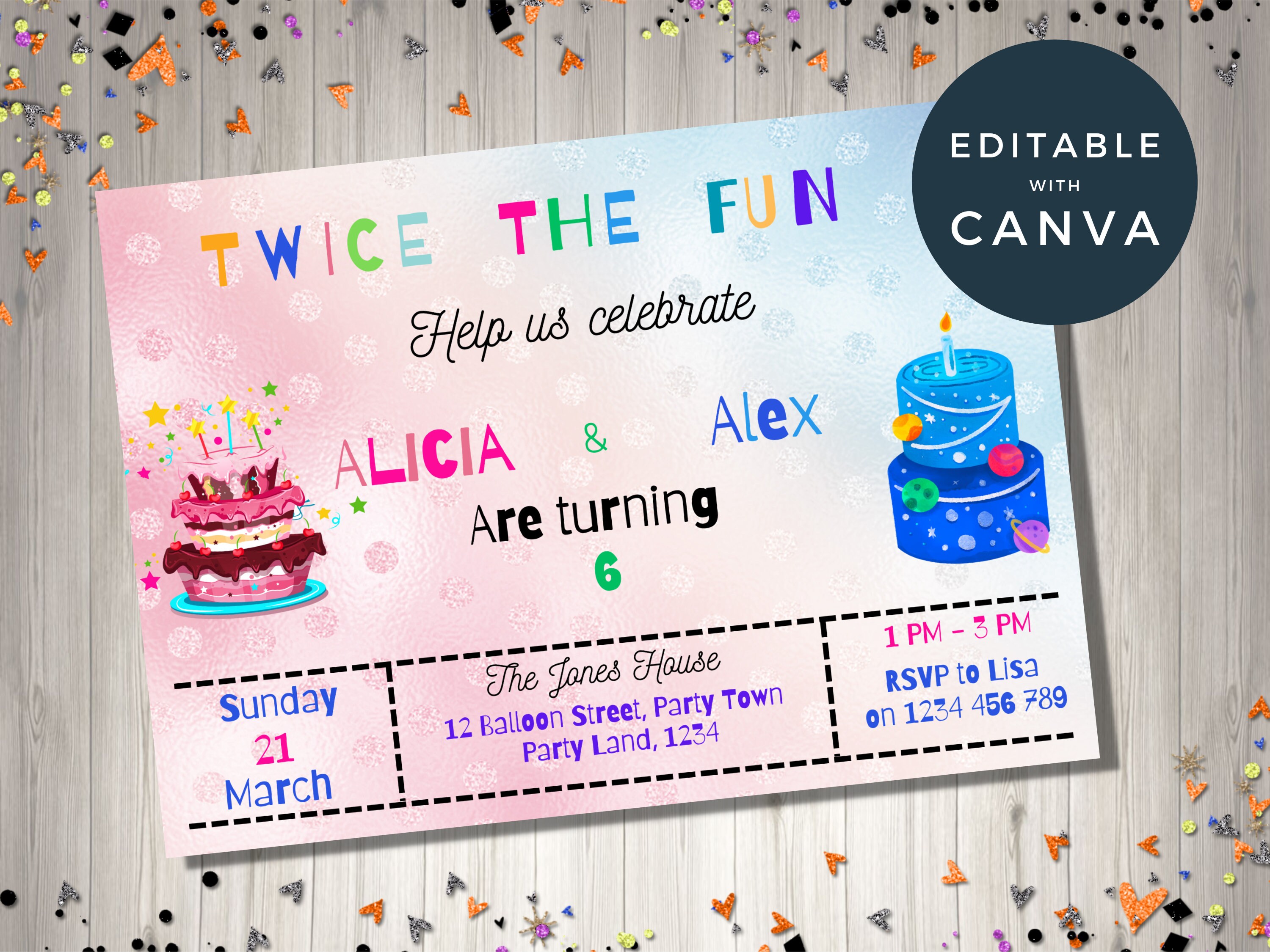 Editable Twin Invitation, Digital Invitation, Twin Birthday Invitation ...