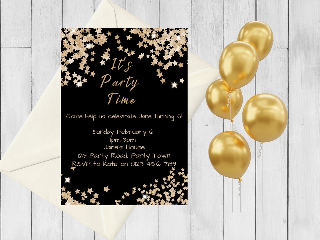 Confetti Party Invitation, It's Party Time, Black and Gold Invitation ...