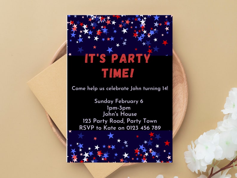 Confetti Party Invitation, It's Party Time, Red, Blue and Black ...