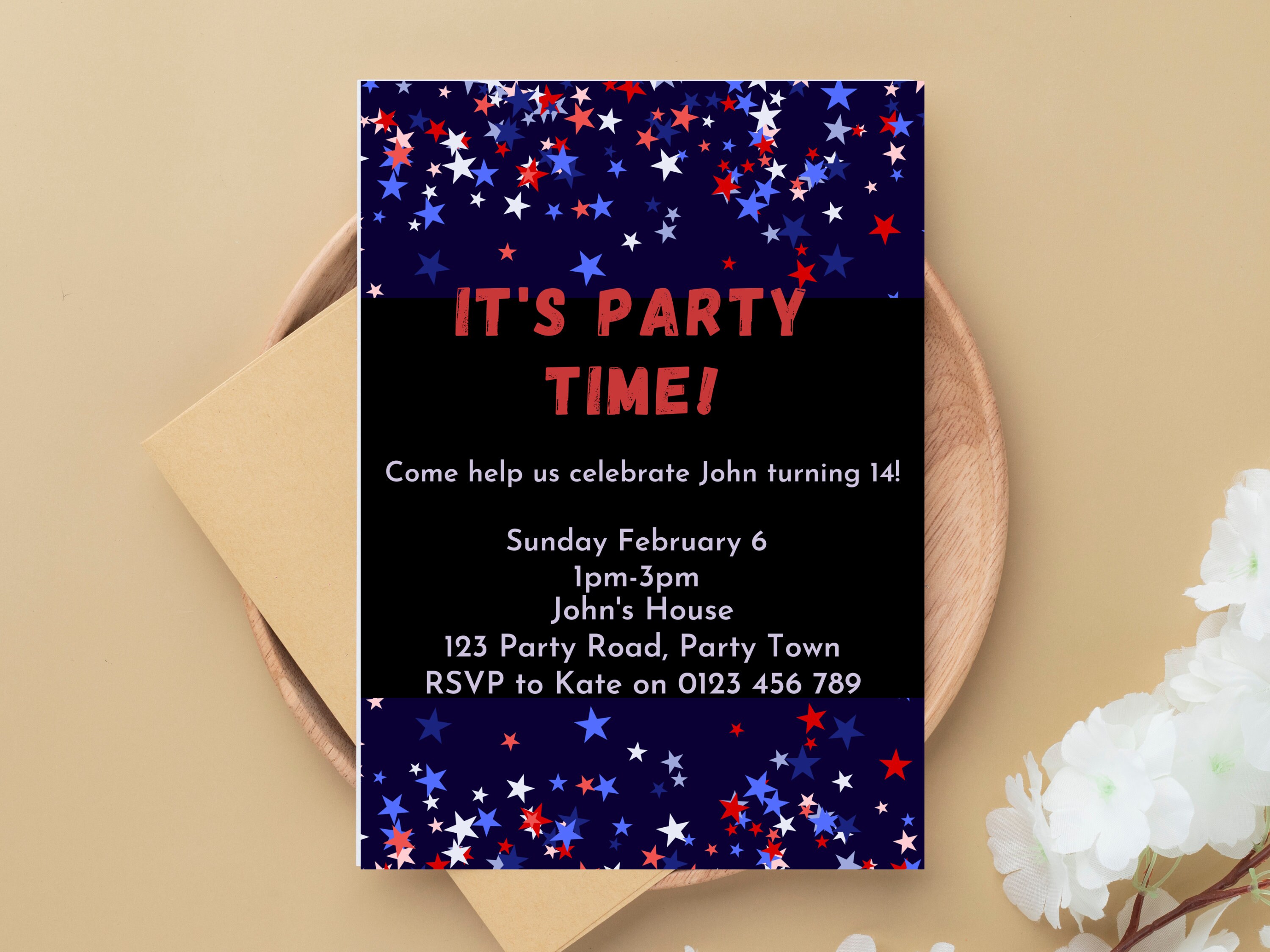 Confetti Party Invitation, It's Party Time, Red, Blue and Black ...