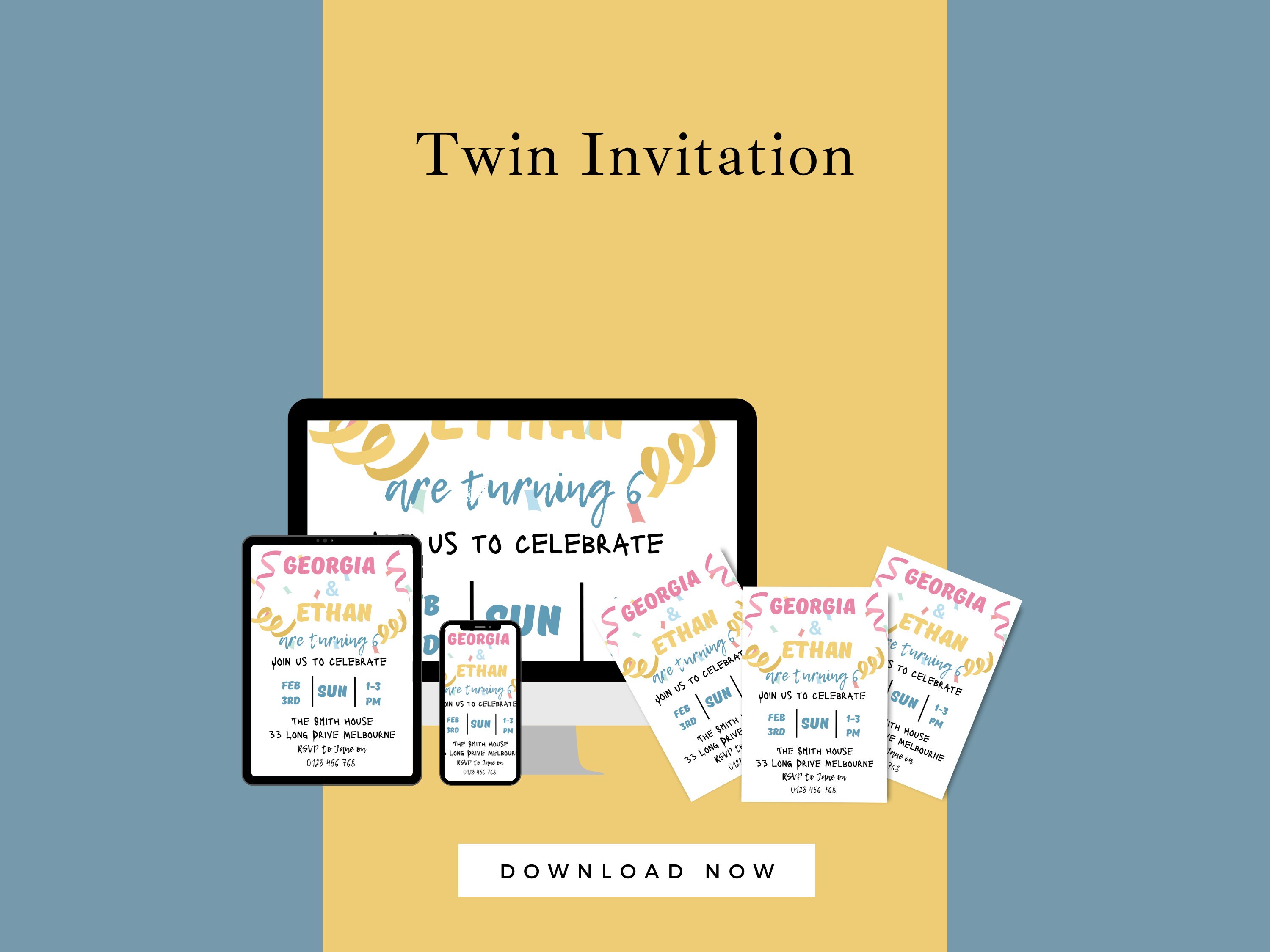 Editable Twin Invitation, Digital Invitation, Twin Birthday Invitation ...