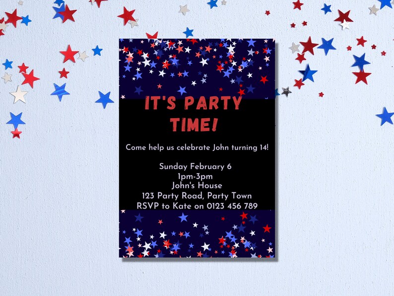 Confetti Party Invitation, It's Party Time, Red, Blue and Black ...