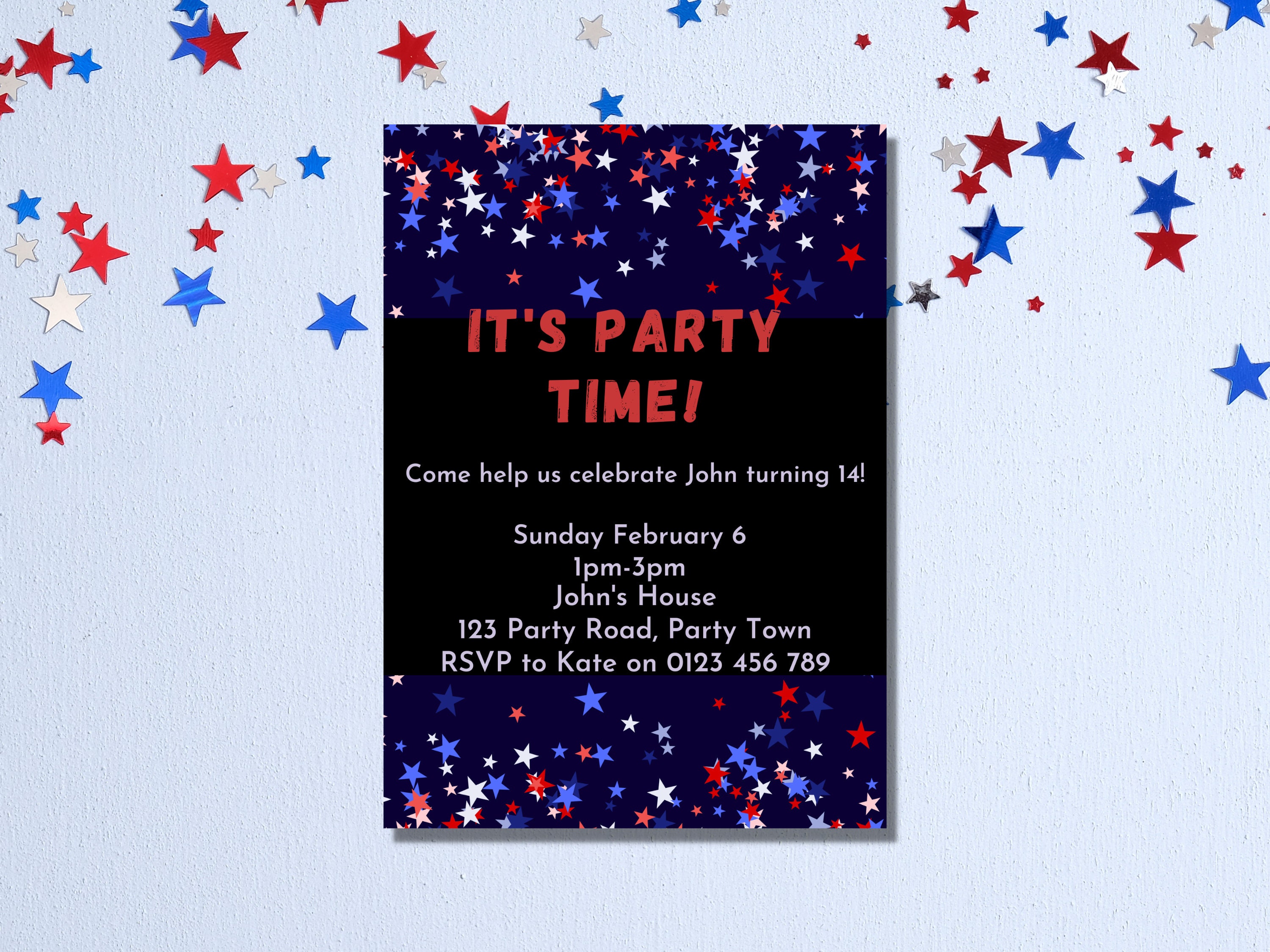 Confetti Party Invitation, It's Party Time, Red, Blue and Black ...