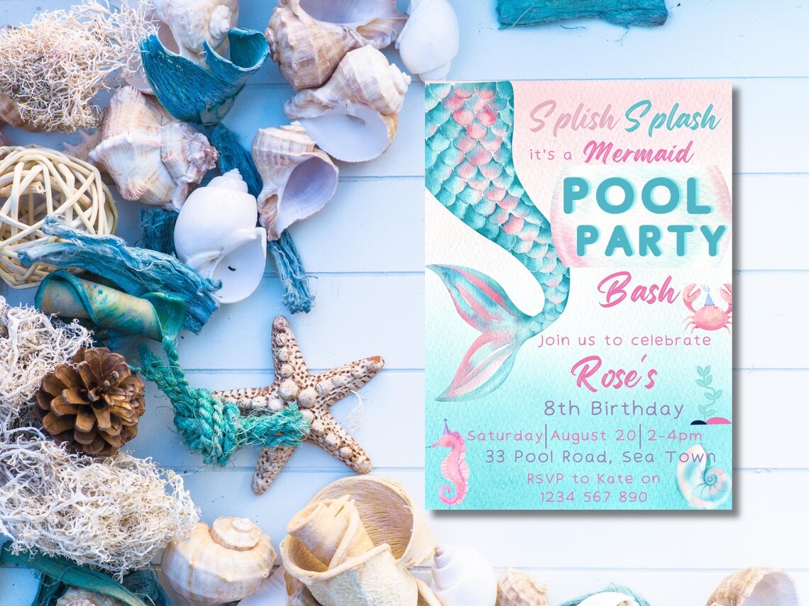 Mermaid Under the Sea Pool Party Invitation, Girl Birthday Invite ...