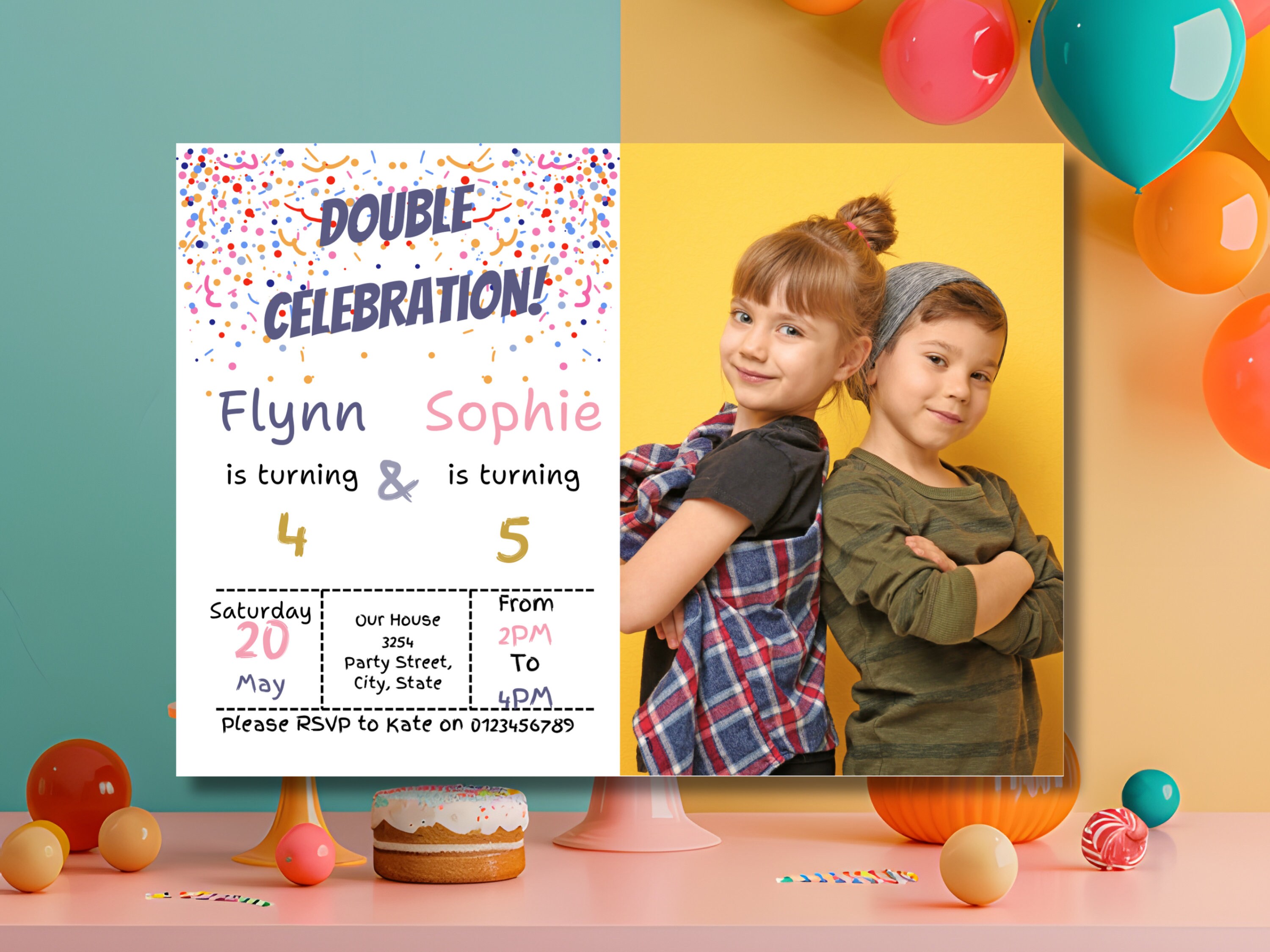 Sibling Invitation, Double Celebration Digital Invitation, Twin ...