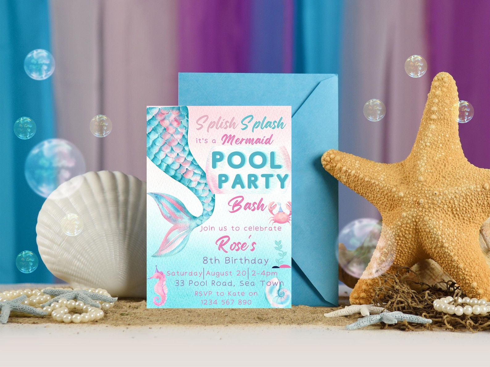 Mermaid Under the Sea Pool Party Invitation, Girl Birthday Invite ...