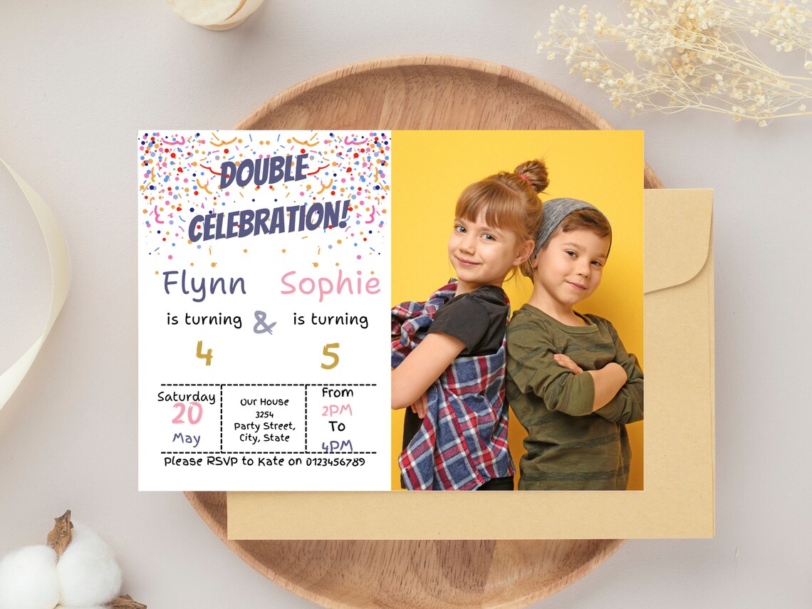 Sibling Invitation, Double Celebration Digital Invitation, Twin ...