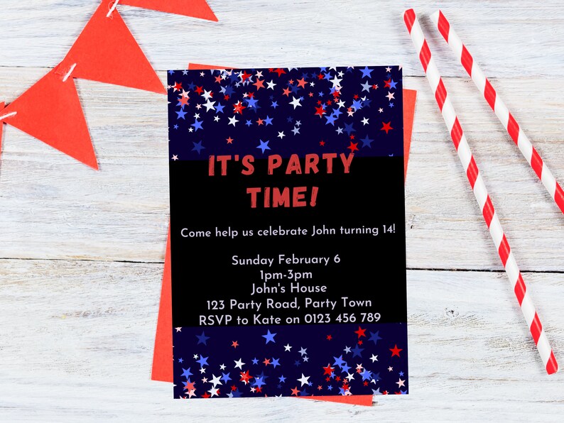 Confetti Party Invitation, It's Party Time, Red, Blue and Black ...