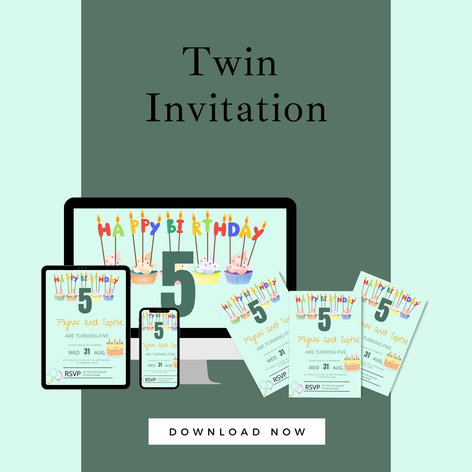 Editable Twin Invitation, Digital Invitation, Twin Birthday Invitation ...
