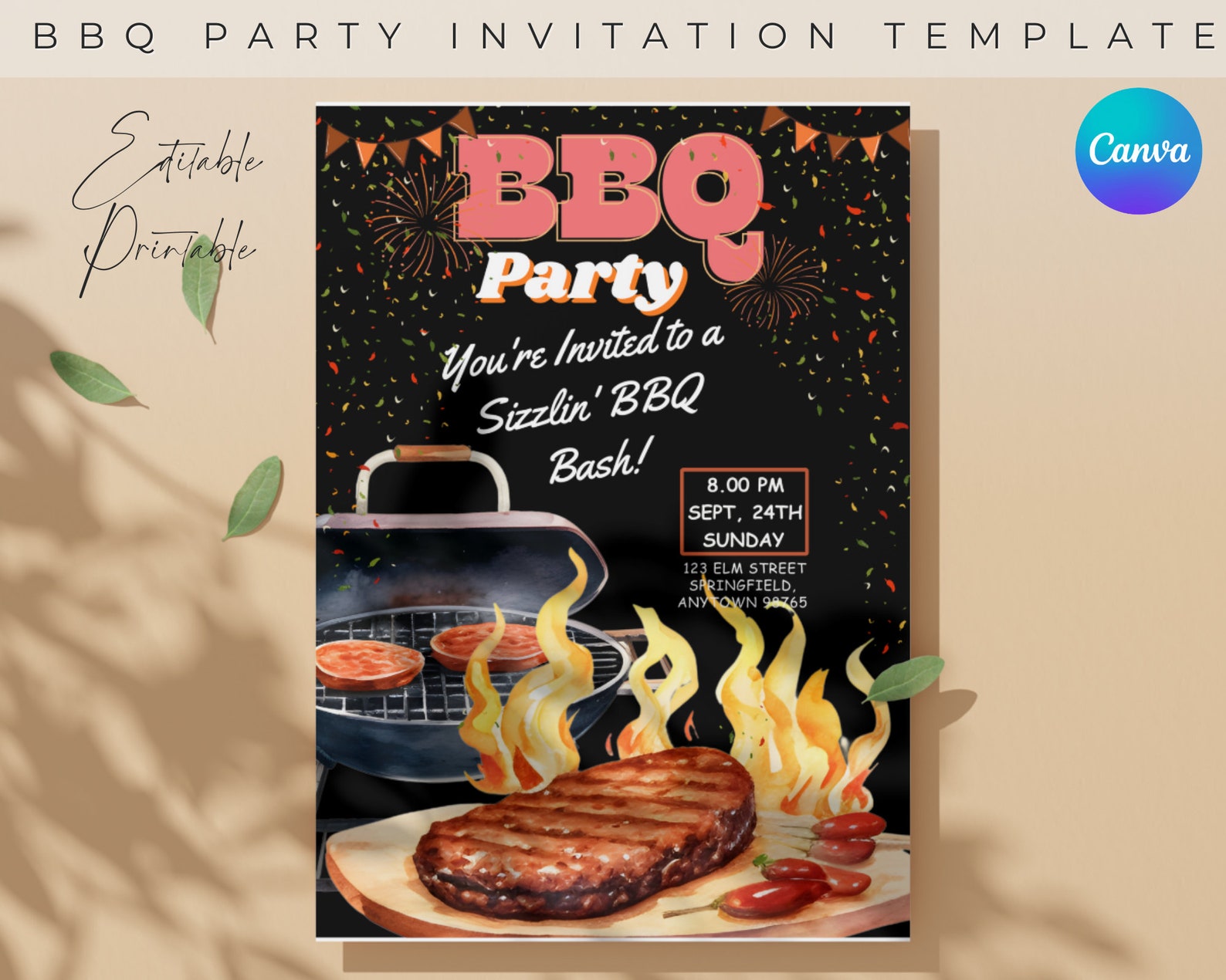 BBQ Party Invitation Template, Printable Barbecue Birthday Invite, BBQ ...