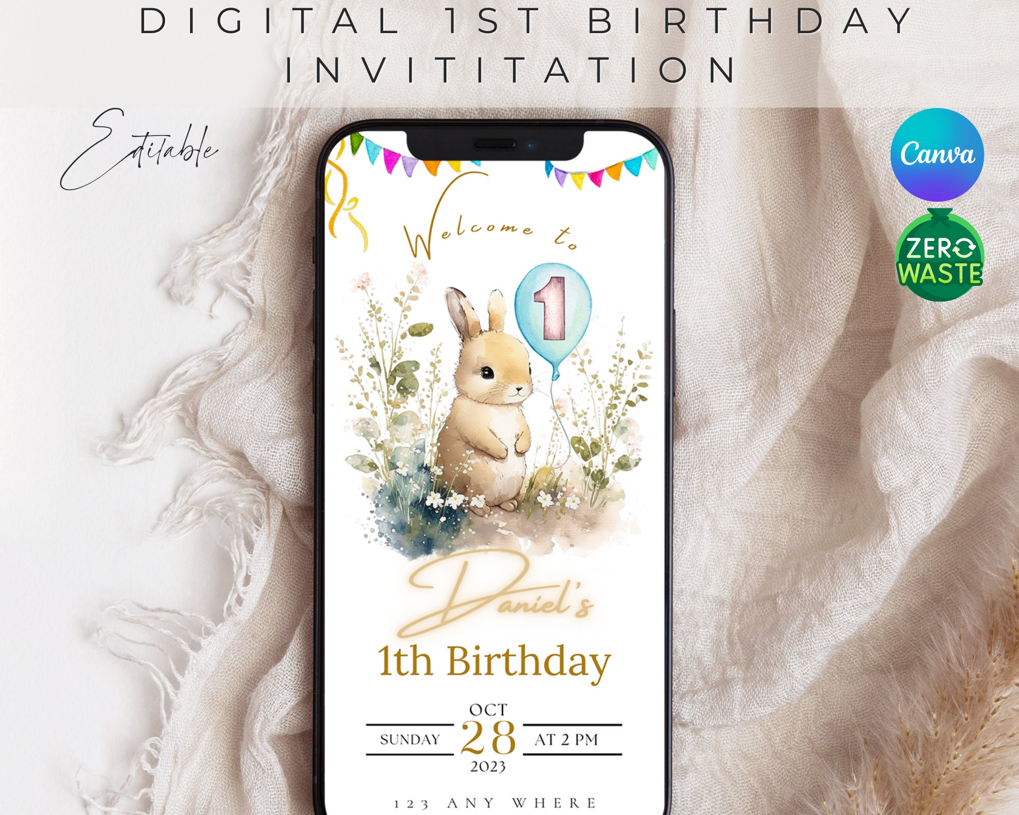 DANIEL Rabbit First Birthday DIGITAL Invitation, Editable Invite ...